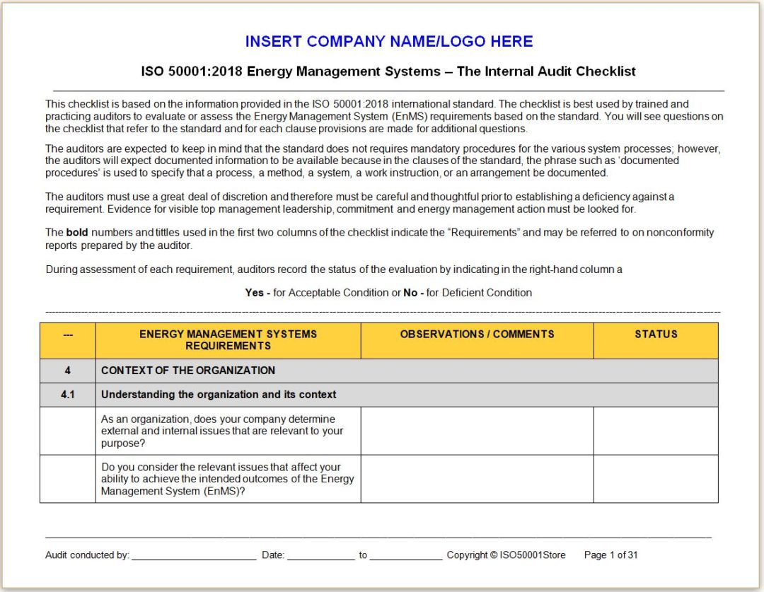 ISO 50001:2018 Internal Auditor Checklist - 50001 Store